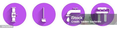 긴 그림자산업 파이프 및 밸브 걸레 수도꼭지 및 물 필터 아이콘을 설정합니다 벡터 아이콘에 대한 스톡 벡터 아트 및 기타 이미지