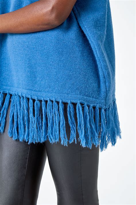 Blue Roll Neck Fringed Jumper Roman Uk