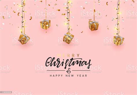 크리스마스 배경입니다 황금 색종이로 흩어져 사실적인 선물 상자와 빛 화환에 매달려 Xmas 디자인 수제 서예 문자 메리