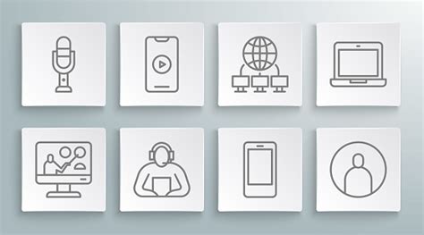 온라인 교육 회선 설정 비디오 재생 학생 휴대폰 계정 화면 생성 컴퓨터 네트워크 노트북 및 마이크 아이콘 벡터 Brand Name Smart Phone에 대한 스톡 벡터