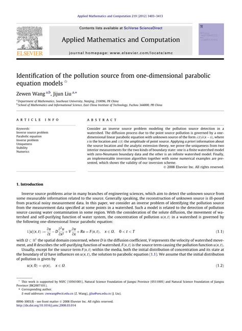 Pdf Identification Of The Pollution Source From One Dimensional Parabolic Equation Models