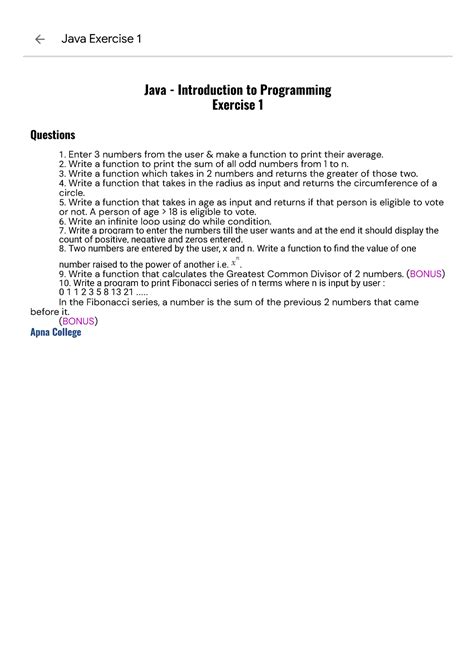 Java Exercise 1 Java By Apna College Java Introduction To Programming Exercise 1 Questions