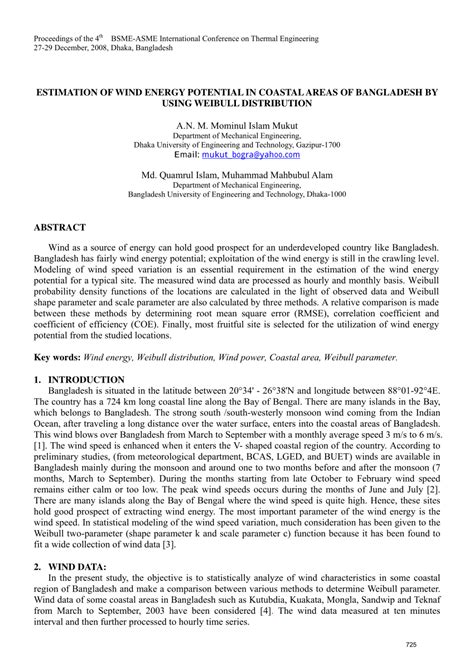Pdf Estimation Of Wind Energy Potential In Coastal Areas Of Bangladesh Using Weibull Distribution