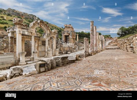 Roman Floor Mosaics And Temple Of Hadrian In Ephesus Turkey Stock