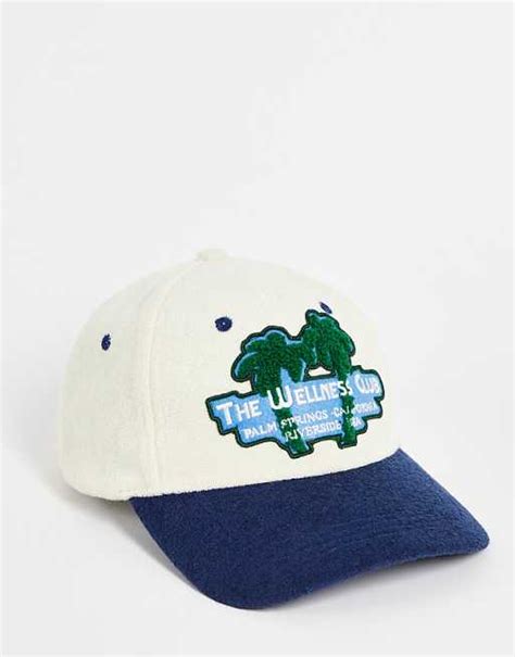 Asos Design Baseball Cap In Ecru And Blue Towelling With Patch Asos