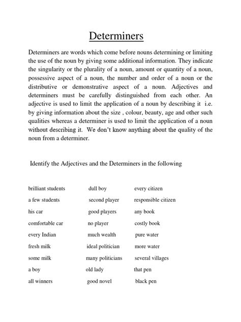 Determiners Handouts Pdf Noun Grammatical Number