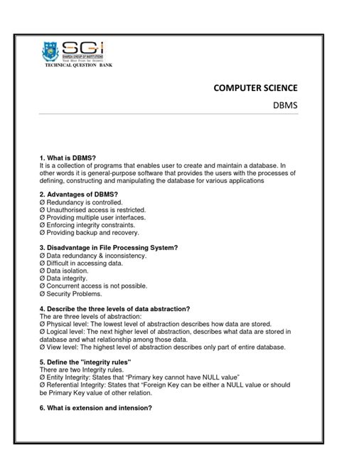 Database Management Dbms Question Bank Pdf Databases Relational