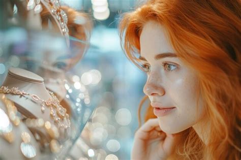 Woman Observing Jewelry Display Premium Ai Generated Image
