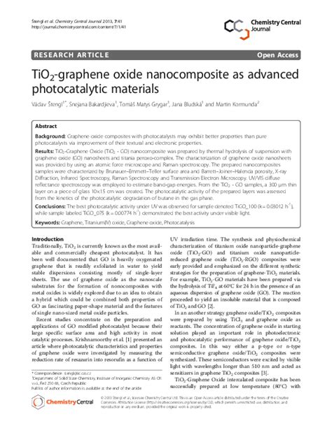 Pdf Tio2 Graphene Oxide Nanocomposite As Advanced Photocatalytic Materials