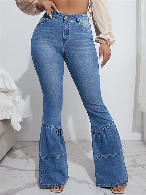 Medium Wash Denim Plain Flare Leg Embellished High Stretch Women Denim