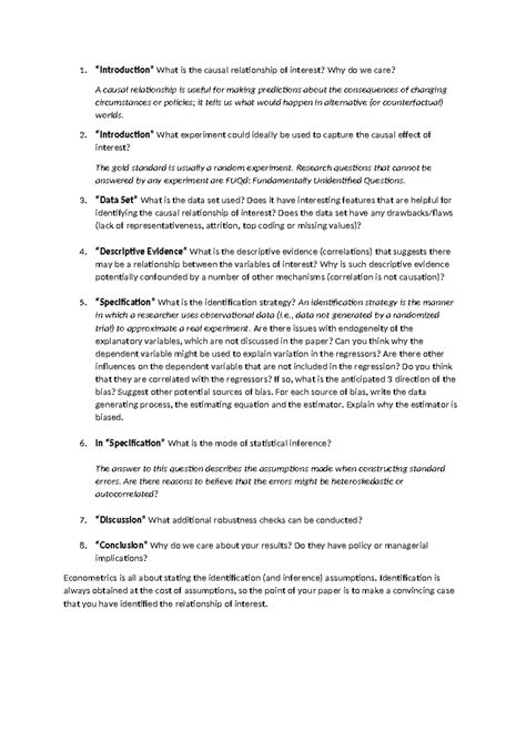 Econometrics Questions “introduction” What Is The Causal Relationship Of Interest Why Do We