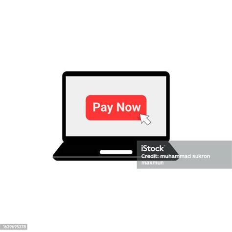 노트북 화면의 빨간색 지금 지불 버튼 소매점과 같은 온라인 상점을 통해 상품을 주문하는 개념입니다 만화 플랫 스타일 트렌드 현대 간단한 Eshop 로고타입 그래픽 아트