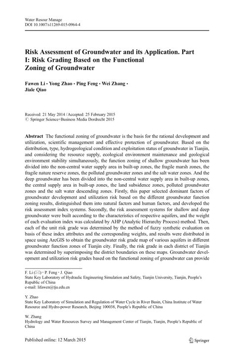 Pdf Risk Assessment Of Groundwater And Its Application Part I Risk