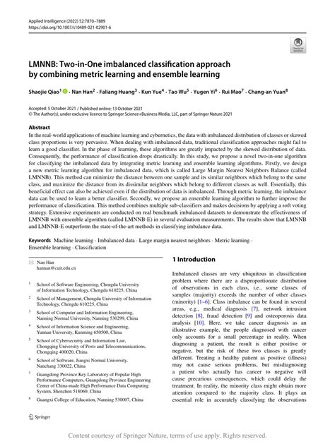 Lmnnb Two In One Imbalanced Classification Approach By Combining Metric Learning And Ensemble
