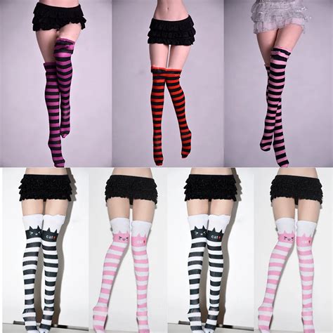 1 6 Female Soldier Stockings Over Knee Long Stripe Printed Thigh