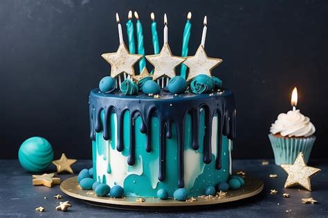 White Birthday Drip Cake With Teal Ganache Star Toppers Over Dark Blue