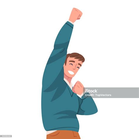 성공과 승리를 축하하는 행운의 남자는 흥분 벡터 일러스트레이션에서 손을 들고 있다 감정에 대한 스톡 벡터 아트 및 기타 이미지