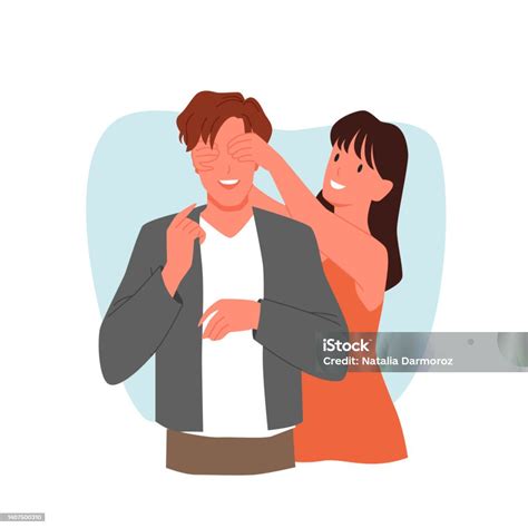 행복한 두 사람의 깜짝 로맨틱한 만남 놀란 남자의 눈을 감는 여자 가리기에 대한 스톡 벡터 아트 및 기타 이미지 가리기 눈
