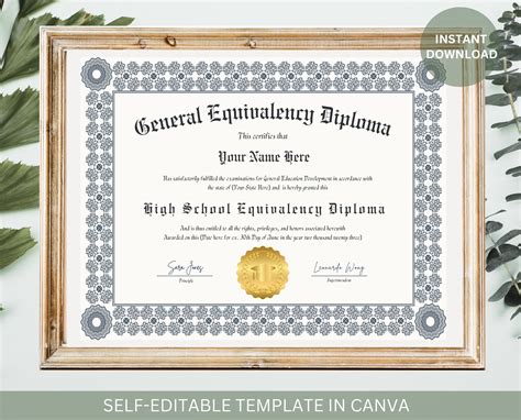 Editable Ged Diploma With Gold Seal Graduation Certificate Printable