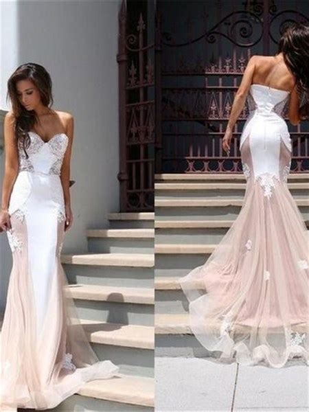 Light Pink Strapless Sweetheart Lace Embellished Prom Dress With Train