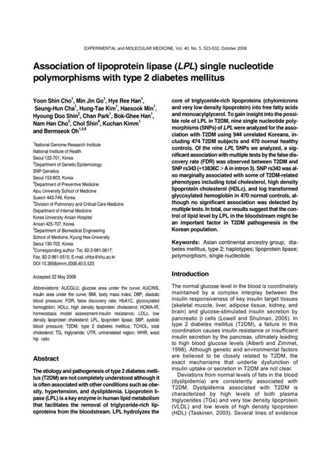 Pdf Association Of Lipoprotein Lipase Lpl Single Nucleotide Polymorphisms With Type 2