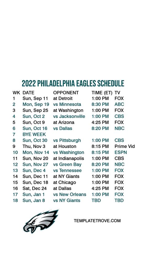 Philadelphia Eagles 2023 Printable Schedule