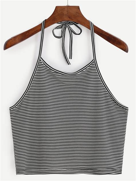 Black Striped Halter Cami Top Sheinsheinside