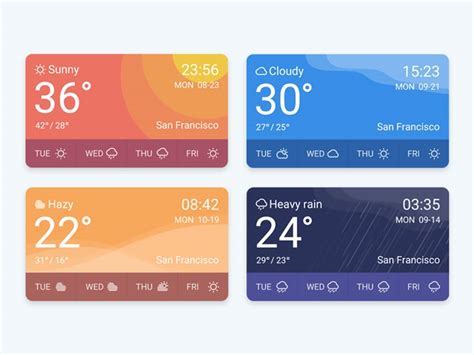 Four Different Weather Cards With The Same Time And Date On Them All In Different Colors