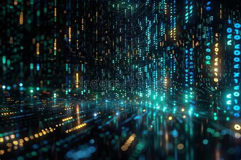 Digital Artwork Of Black Background With Blue And Green Vertical Binary Code Creating An