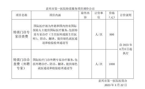 嘉兴市第一医院特需服务项目调价公示国际医疗服务部 价格查询 嘉兴市第一医院