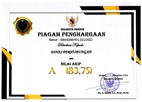 Piagam Penghargaan Nilai Akip Dinas Perhubungan Kota Madiun Tahun 2022