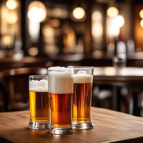 Three Glasses Of Beer Sit On A Table In A Restaurant Premium Ai