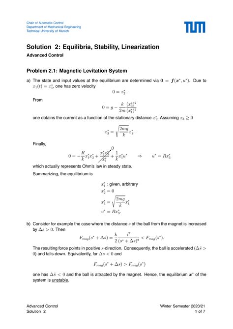 Advance Control Exercise 2 Solutions Department Of Mechanical Engineering Technical University