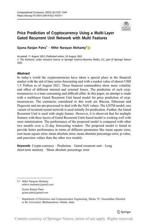 Price Prediction Of Cryptocurrency Using A Multi Layer Gated Recurrent Unit Network With Multi