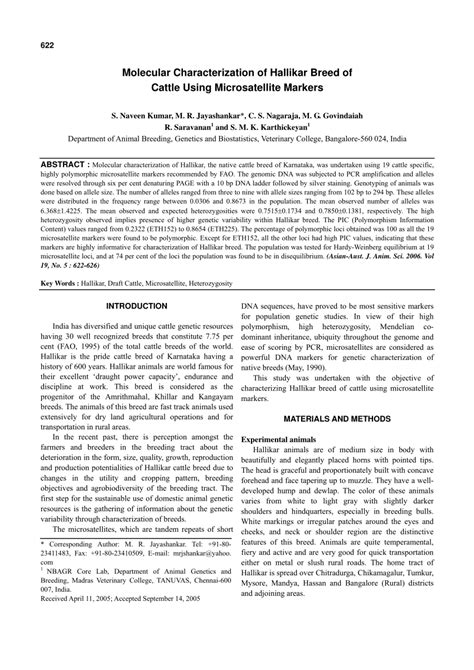 Pdf Molecular Characterization Of Hallikar Breed Of Cattle Using Microsatellite Markers