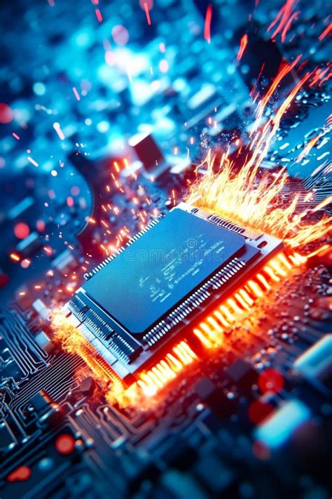 A Computer Chip On Top Of A Circuit Board With Sparks Coming Out Of It Stock Image Image Of