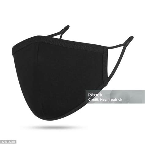 흰색 배경에 격리 된 빈 검은 색 면 재사용 식 천 마스크 전면 보기입니다 모형을 위한 빈 수술 용 마스크 템플릿 및 브랜딩을