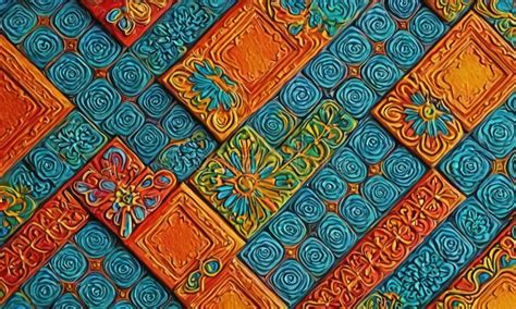 A Colorful Tile Wall With A Pattern Of Flowers And Swirls Stock