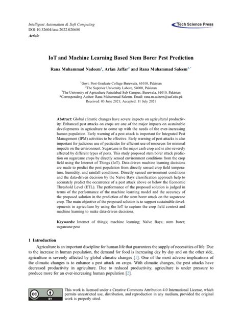 Iot And Ml Based Stem Borer Pest Prediction Pdf Internet Of Things Agriculture