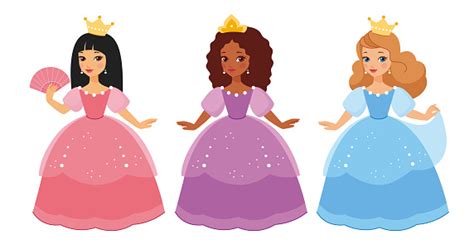 왕관을 가진 아름 다운 소녀 드레스에 만화 공주의 요정 세트입니다 흰색 배경에 격리된 평면 벡터 그림 공주에 대한 스톡 벡터 아트 및 기타 이미지 Istock