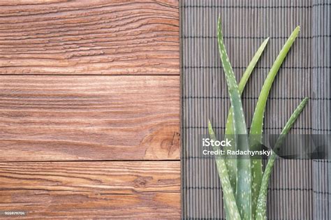 알로에 베라 나무 테이블에 나뭇잎 천연 화장품 재료 복사 공간입니다 신선한 알로에 베라 식물 나무 보드 플랫 하다 스파 개념 평면도입니다 건강관리와 의술에 대한 스톡 사진