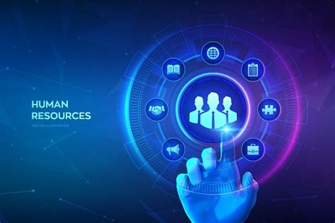 인사 Hr 관리 채용 고용 헤드헌팅 비즈니스 개념 인간의 사회적 네트워크와 리더십 디지털 인터페이스를 만지는 손 벡터 그림입니다 가리키기에 대한 스톡 벡터 아트 및 기타