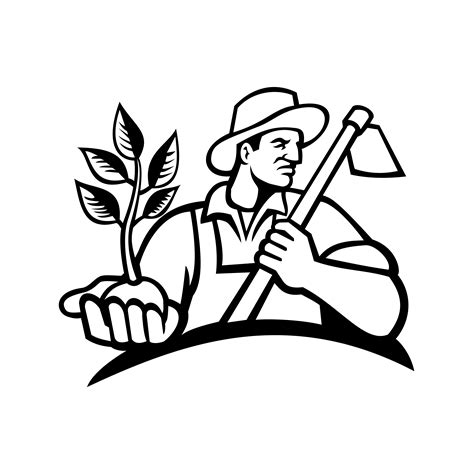 Organic Farmer Holding Plant And Holding Hoe Mascot In Black And White