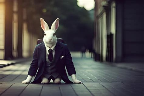 Premium Ai Image A Man In A Suit And Tie Is Sitting On A Sidewalk In