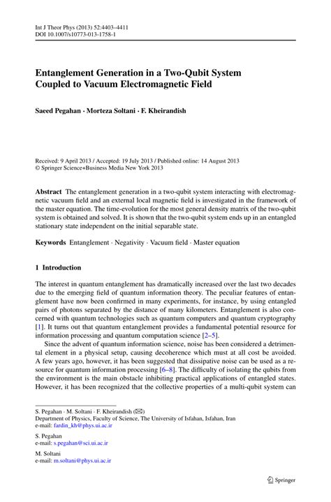 (PDF) Entanglement Generation in a Two-Qubit System Coupled to Vacuum Electromagnetic Field