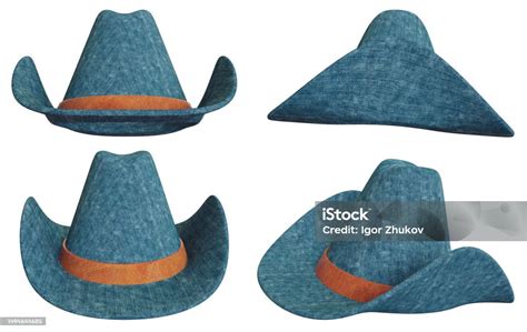 청바지 카우보이 모자 세트는 밝은 색과 고립된 배경에 다른 각도를 가지고 있다 3d 렌더링 그림입니다 0명에 대한 스톡 사진 및 기타 이미지 Istock
