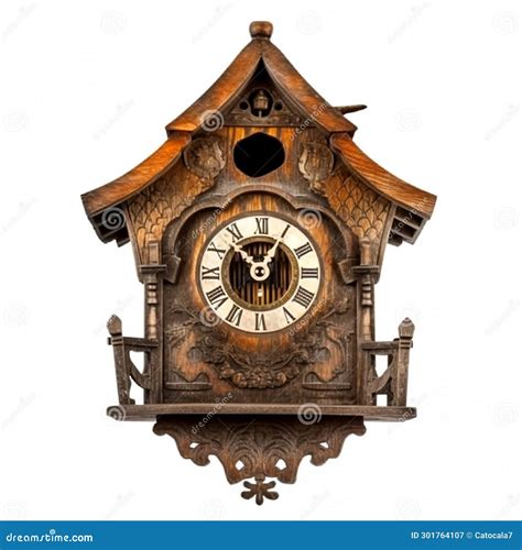 Vintage Retro Wooden With Carved Patterns Cuckoo Clock Isolated Stock