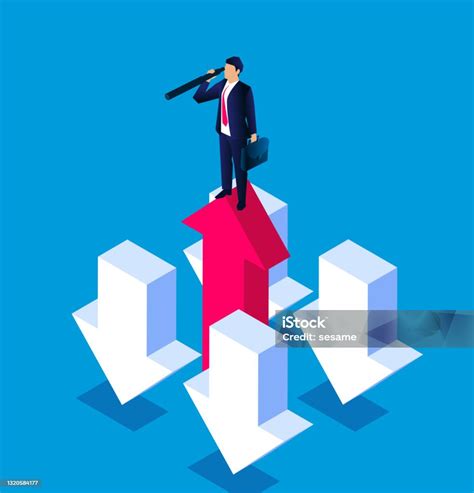 사업의 발전을 탐구 등대 적색 상승 화살표에 서 네 떨어지는 화살표로 둘러싸여 등측투영법에 대한 스톡 벡터 아트 및 기타 이미지