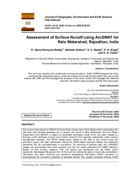 Pdf Assessment Of Surface Runoff Using Arcswat For Rela Watershed Rajasthan India