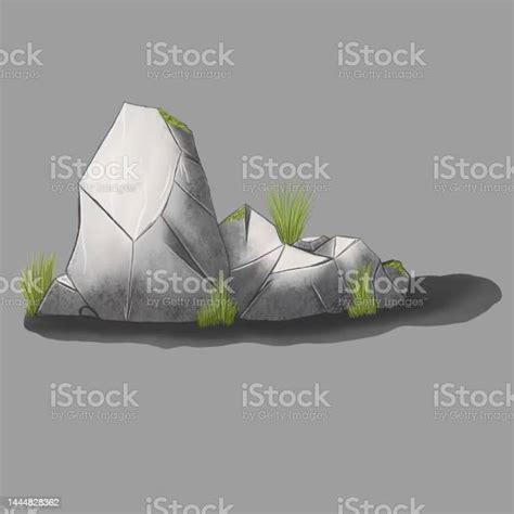 회색 배경에 바위와 돌의 그림입니다 무거운 조약돌과 화강암 잔해 금이 간 바위 같은 원시 풍경 사막 클립 아트 0명에 대한 스톡